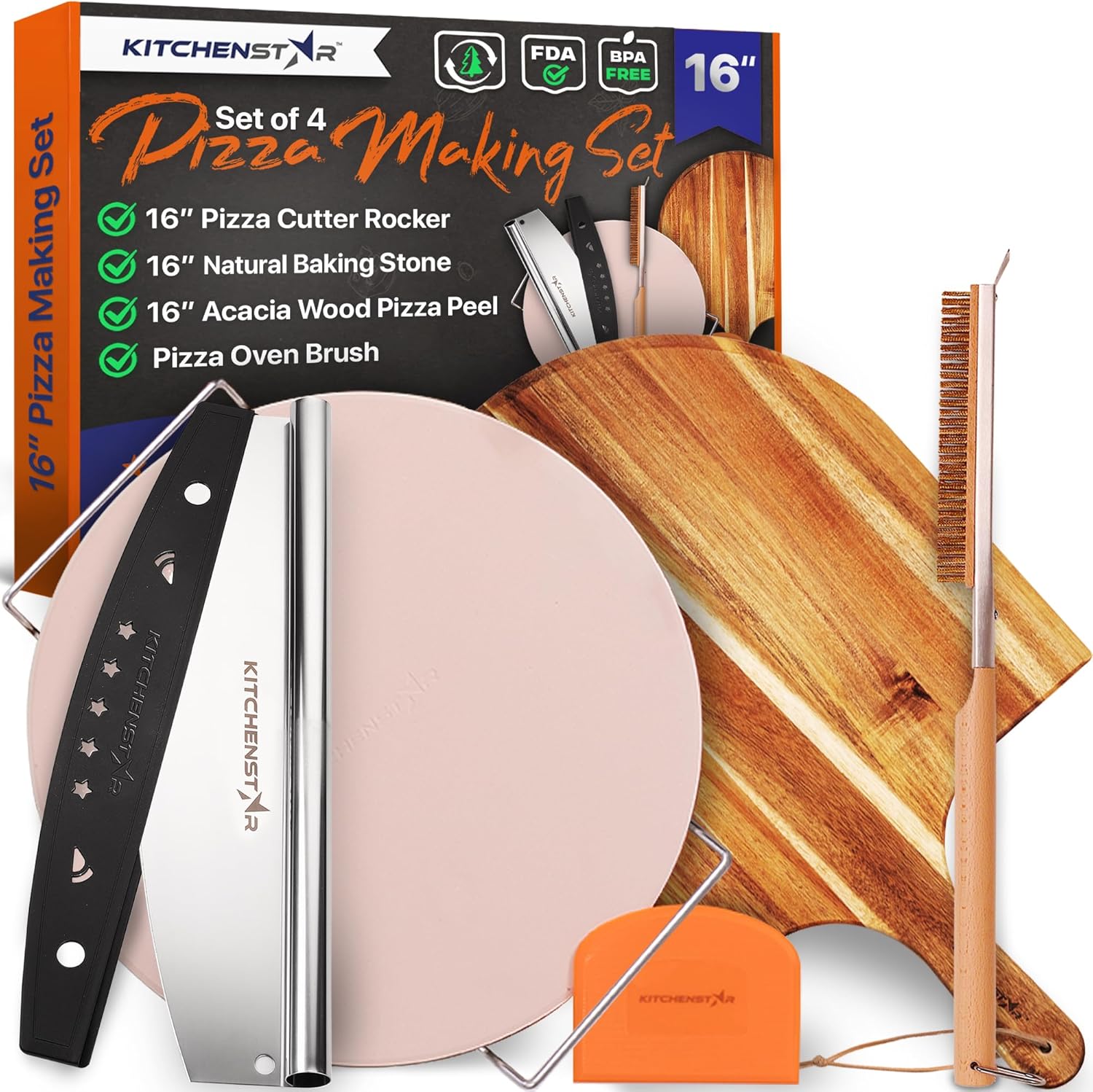 16" Pizza Making Kit (Set of 4 Tools) - Pizza Stone with SS Rack, Acac