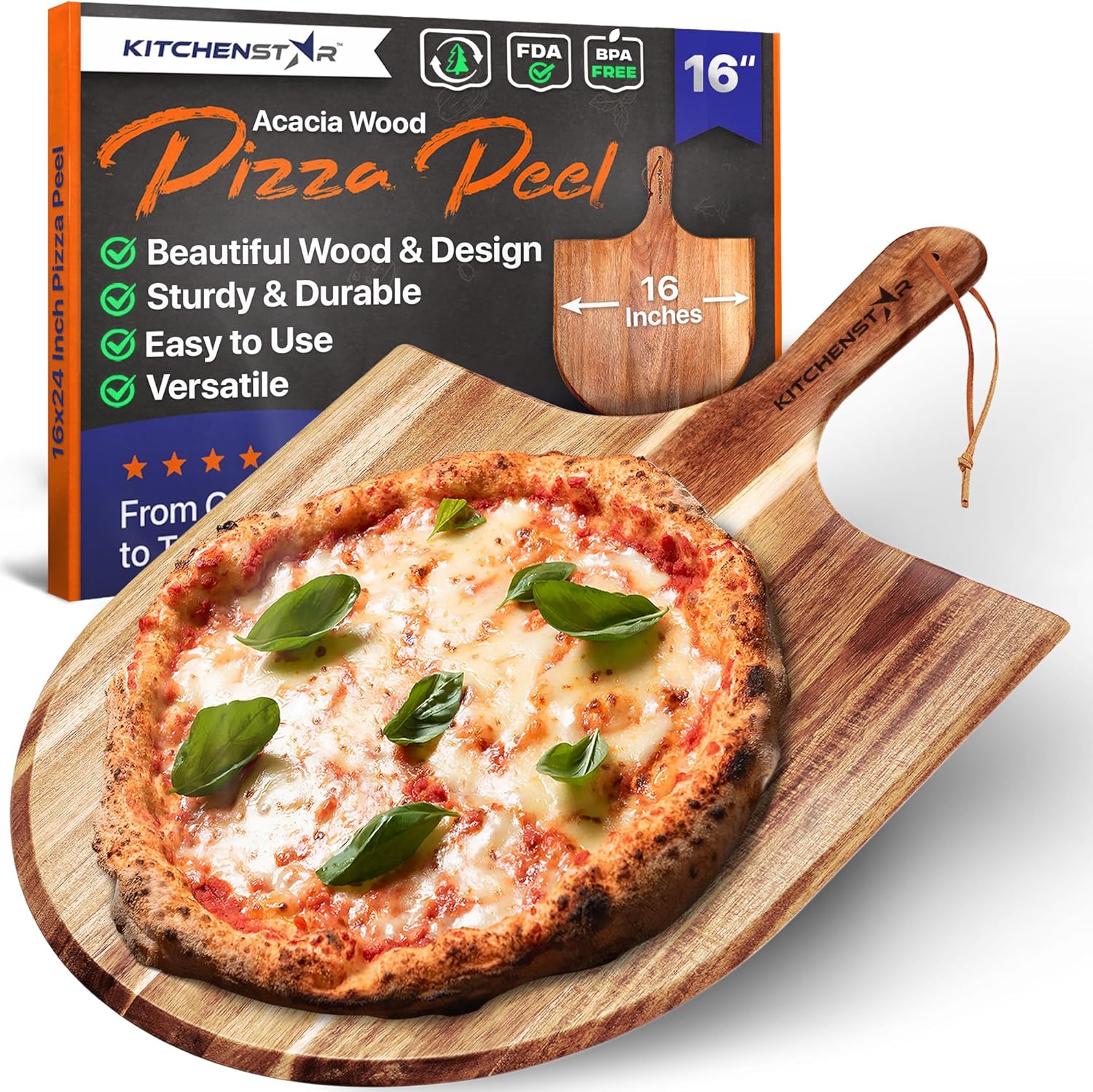 Acacia Wood Pizza Peel 16 inch | Pizza Paddle | Pizza Serving Board